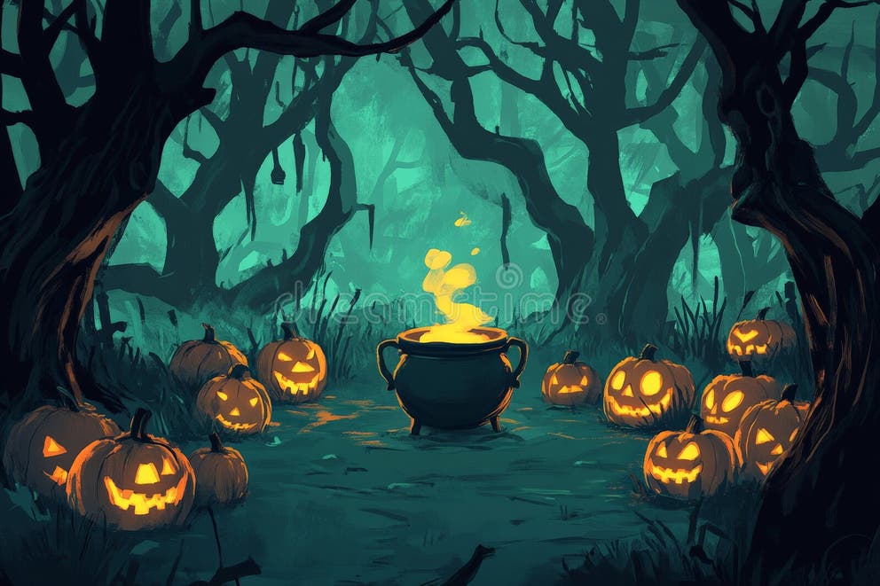 A Haunted Forest Clearing with a Bubbling Cauldron, Twisted Trees, and ...