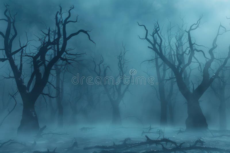 A Haunted Forest with Ghostly Trees and Eerie Mist Stock Illustration ...