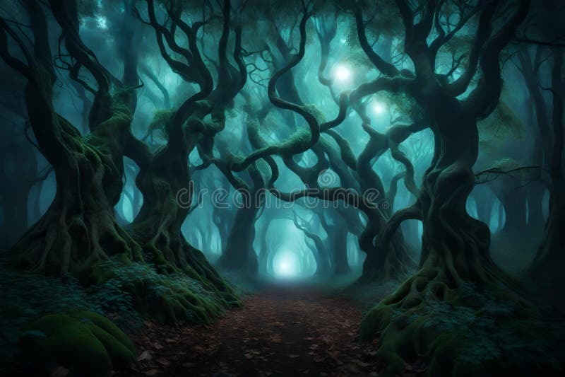 A Haunted Forest with Gnarled Trees and Glowing, Spectral Orbs Hovering ...