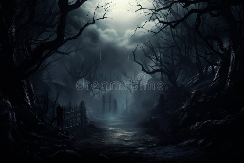 Haunted forest with mist stock illustration. Illustration of background ...