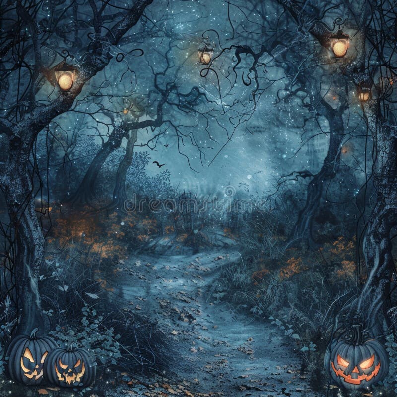 Haunted Forest Path Halloween Digital Background Illustration Stock ...