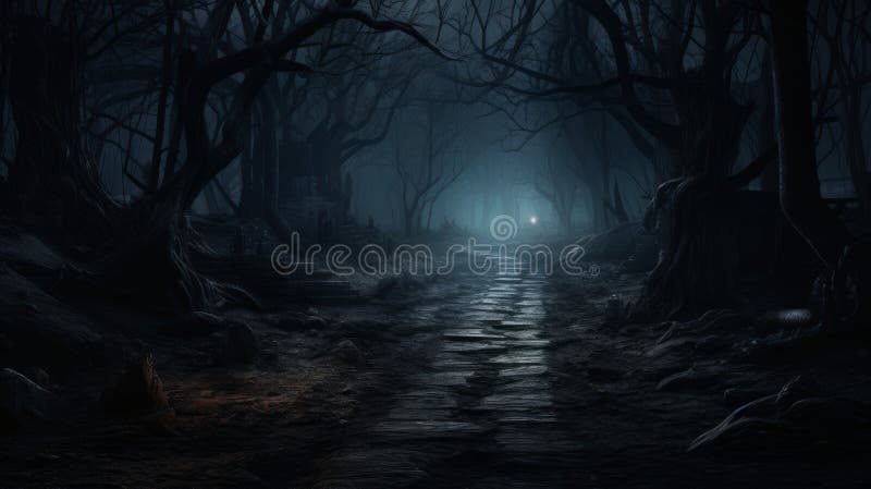 A Haunted Forest Path with Ominous, Ghostly Lights Stock Illustration ...