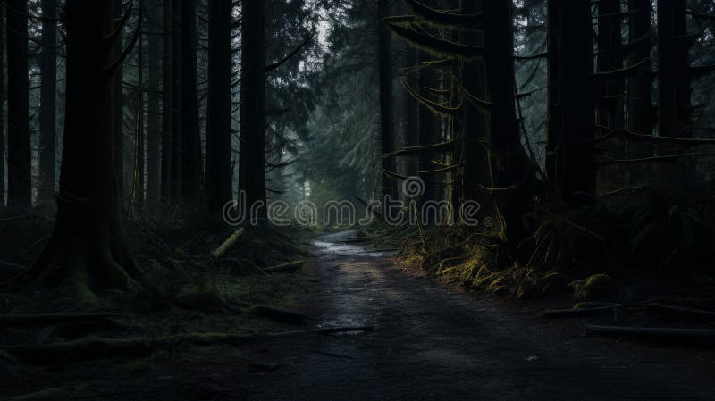 A Haunted Forest Path with Ominous Shadows Stock Illustration ...