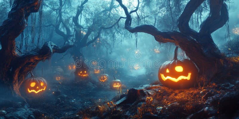 A Haunted Forest Scene with Glowing Pumpkins, Twisted Trees, and ...