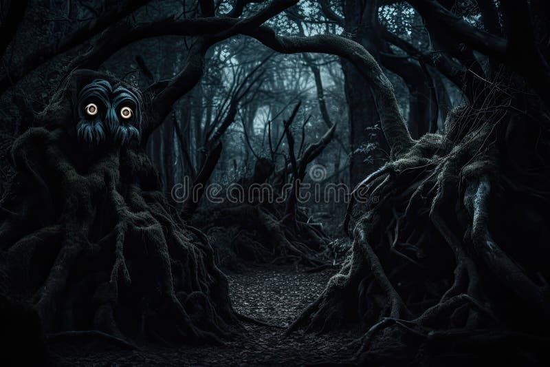 Haunted Forest with Twisted Trees and Glowing Eyes Peeking Out from the ...