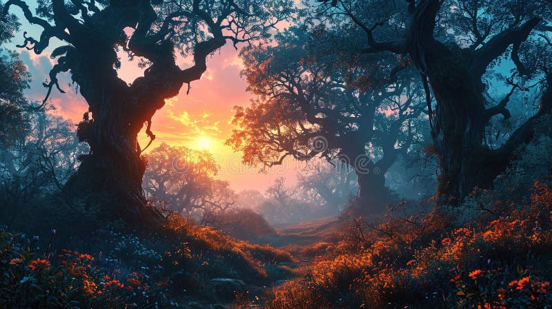 Haunted Forest Wicked Trees Below Dusk Pathway Foggy Landscape ...