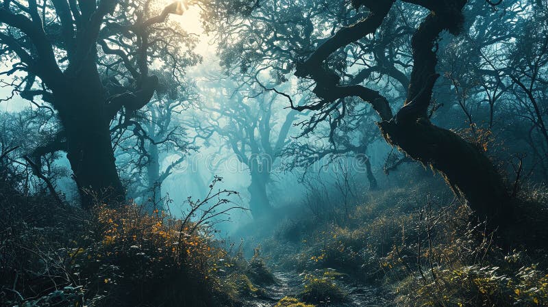 Haunted Forest Wicked Trees Below Dusk Pathway Foggy Landscape ...