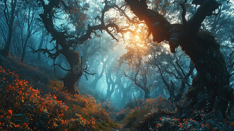 Haunted Forest Wicked Trees Below Dusk Pathway Foggy Landscape ...