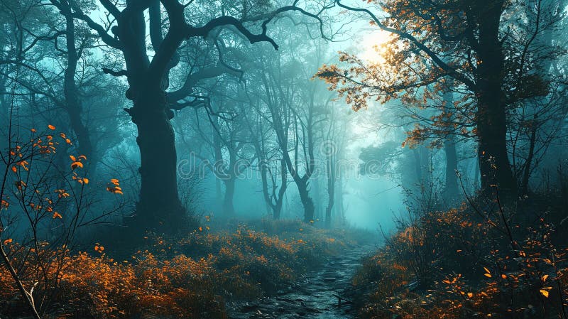 Haunted Forest Wicked Trees Below Dusk Pathway Foggy Landscape ...