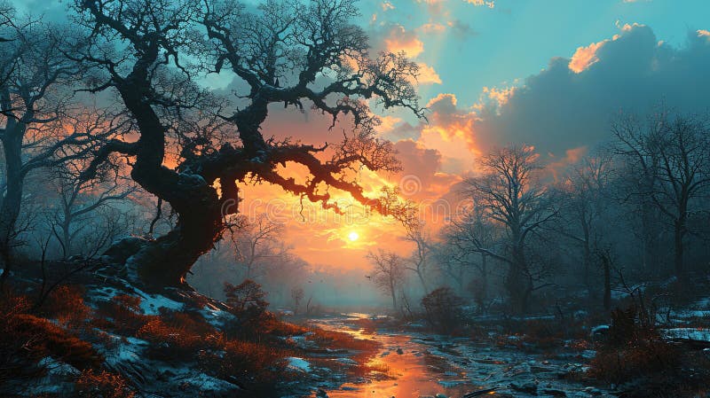 Haunted Forest Wicked Trees Below Dusk Pathway Foggy Landscape ...