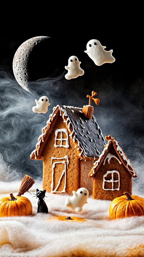 Haunted Gingerbread House with Ghosts and Halloween Decorations Under ...