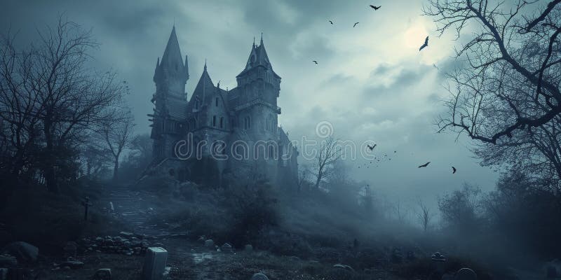 Haunted Gothic Castle in a Misty Forest Graveyard Scene at Twilight - a ...