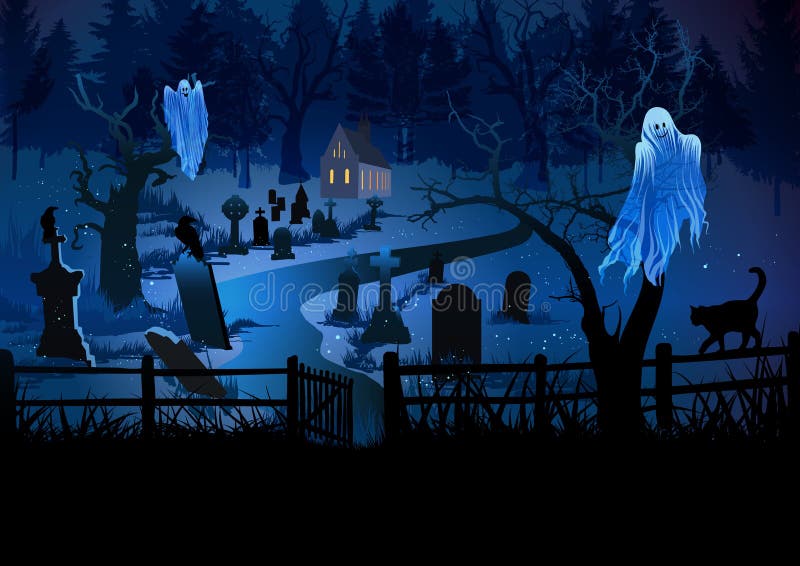 Haunted Graveyard in Forest with Ghosts, Halloween Stock Vector ...