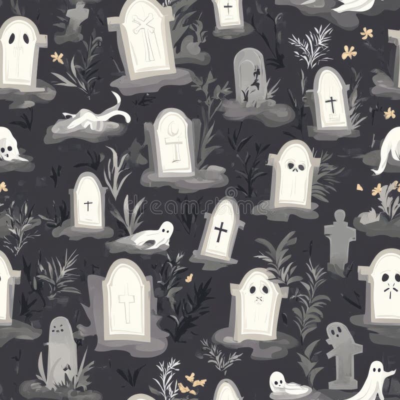 A Haunted Graveyard Pattern with Tombstones, Fog, and Wandering Spirits ...