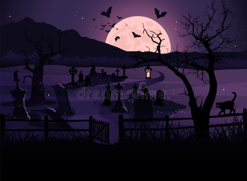 Haunted Graveyard Purple Halloween Background Stock Vector ...