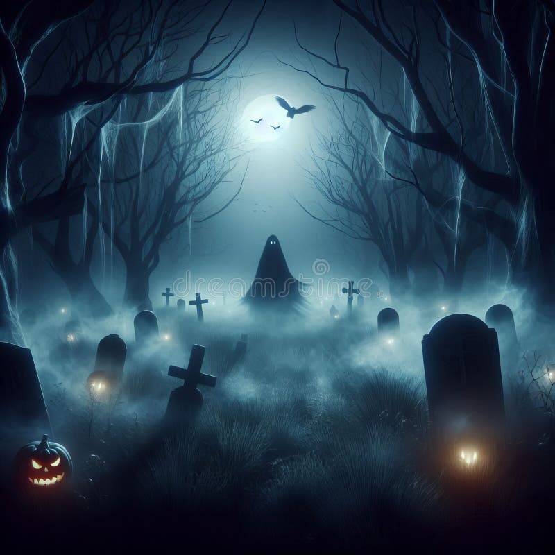 Haunted Graveyard a Spooky Graveyard with Mist Glowing Tombstone Stock ...