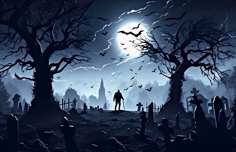 Haunted Graveyard Under Full Moon Stock Image - Image of moon, eerie ...