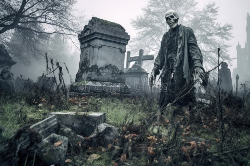 Haunted Graveyard with a Zombie Emerging from the Ground Stock ...