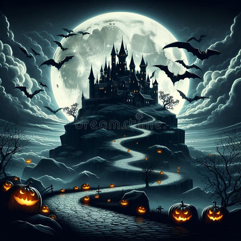 Haunted Halloween Castle with Moonlit Path and Bats Stock Illustration ...