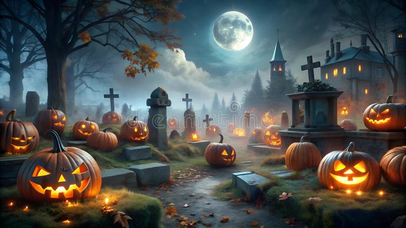 Haunted Halloween Graveyard - Jack O Lanterns in Graveyard in the ...