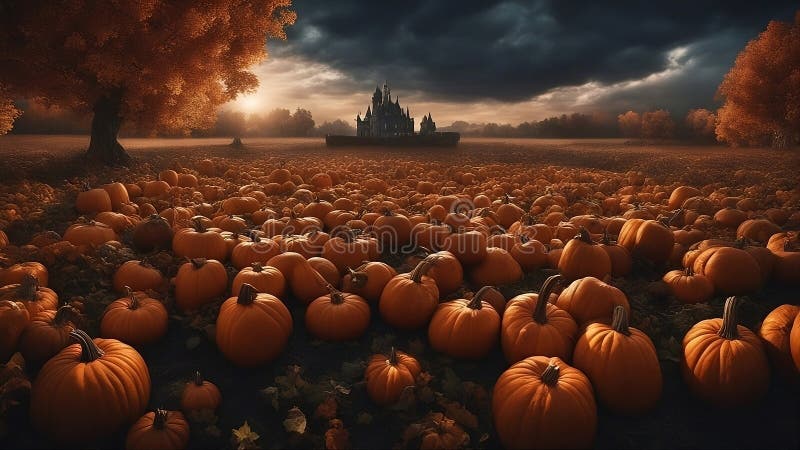 Haunted Halloween House at Sunset in the Middle of a Pumpkin Patch Stock Illustration ...