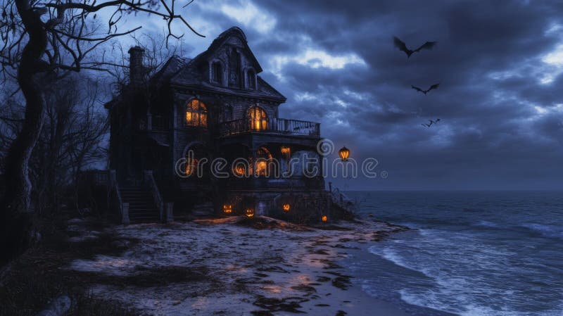 A Haunted House on the Beach at Night Stock Illustration - Illustration ...
