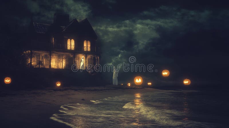 Haunted House on a Beach at Night with Ghosts and Jack-o -Lanterns ...