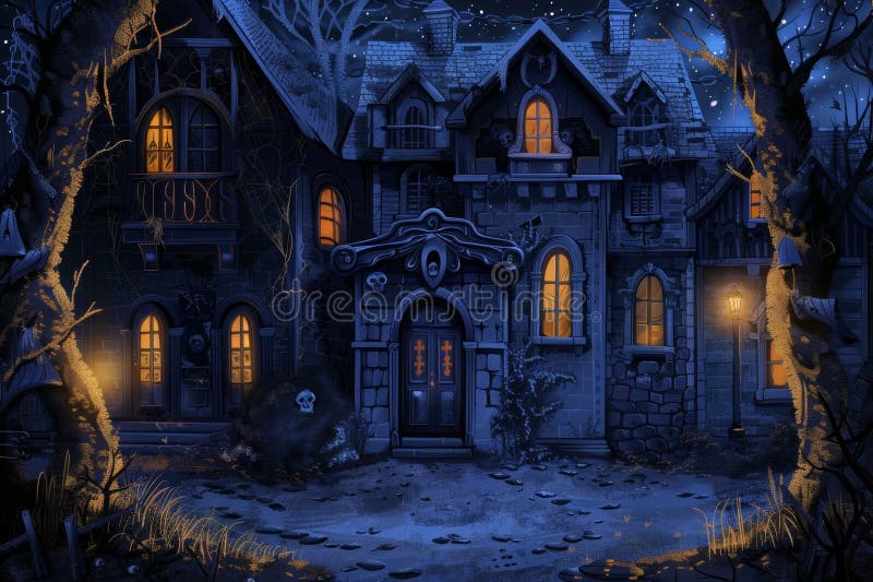 Haunted House Border with Spooky Windows and Haunted Doors Stock ...