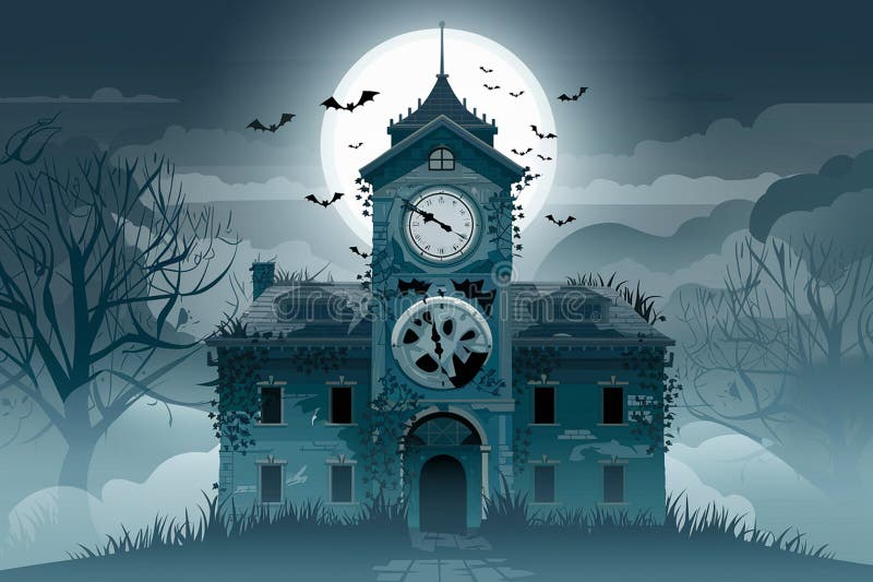 Haunted House with Clocktower Under Full Moon Stock Illustration ...