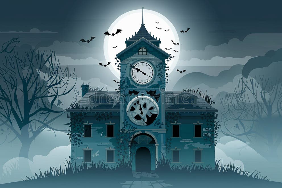 Haunted House with Clocktower Under Full Moon Stock Illustration ...