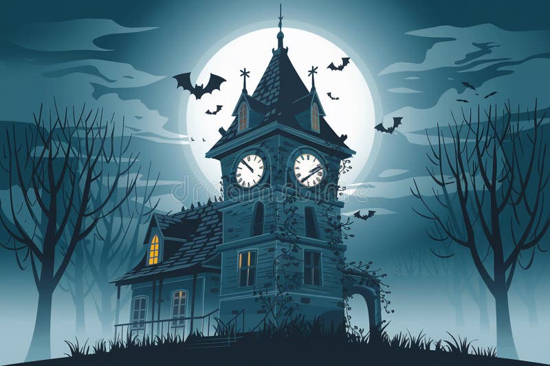 Haunted House with Clocktower Under Full Moon Stock Illustration ...