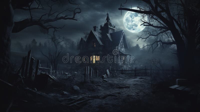 Haunted House with Full Moon in Eerie Night Stock Photo - Image of ...