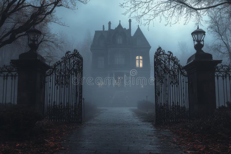 A Haunted House with a Gate that is Open Stock Illustration ...