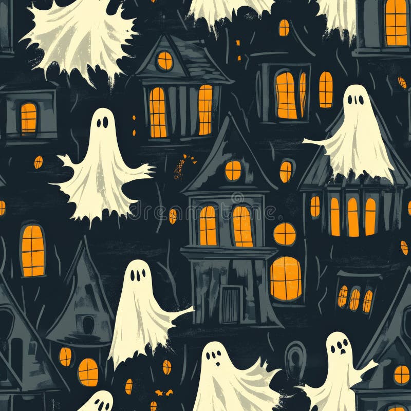 A Haunted House and Ghost Pattern with Creepy Silhouettes and Glowing ...