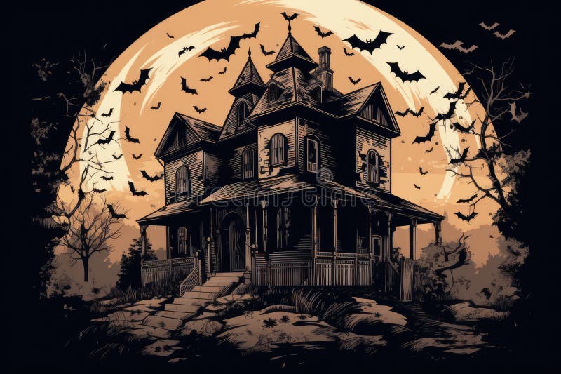 Haunted House with Ghosts and Bats Flying Around it Halloween Scene ...