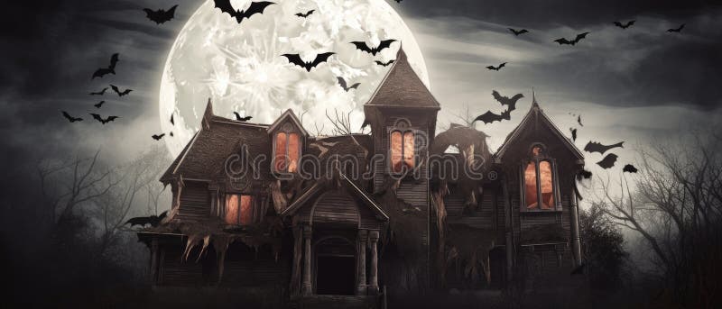 Haunted House with Ghosts and Bats Flying Around it Halloween Scene ...