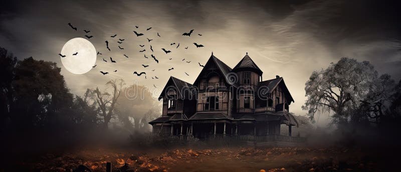 Haunted House with Ghosts and Bats Flying Around it Halloween Scene ...