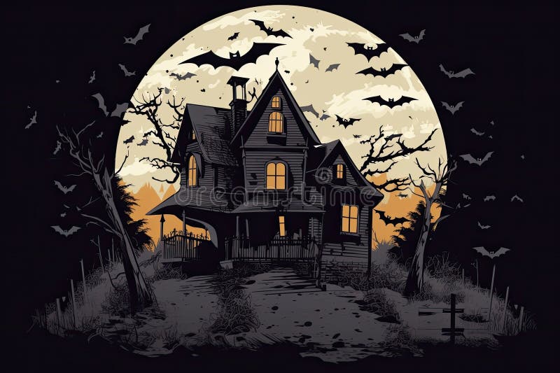 Haunted House with Ghosts and Bats Flying Around it Halloween Scene ...