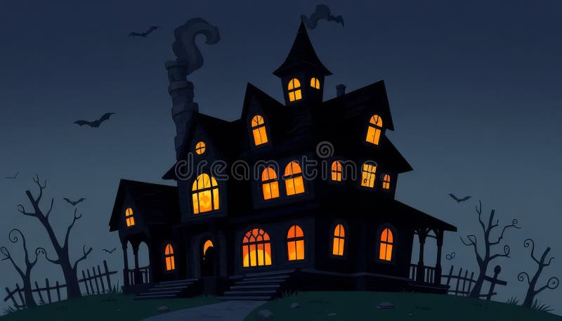 Cartoon Haunted House with Glowing Windows at Night. Stock Illustration ...