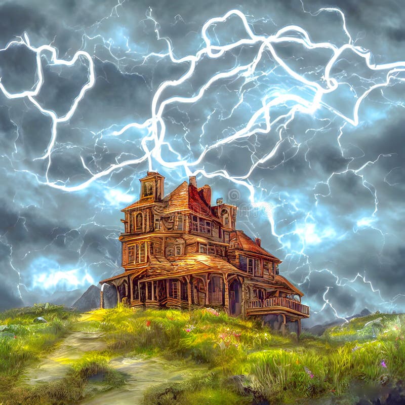 Haunted House on Hill with Dramatic Sky and Lightning Bolts Stock ...