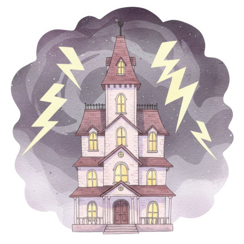 Haunted House Illustration with Lightning Storm Stock Illustration ...