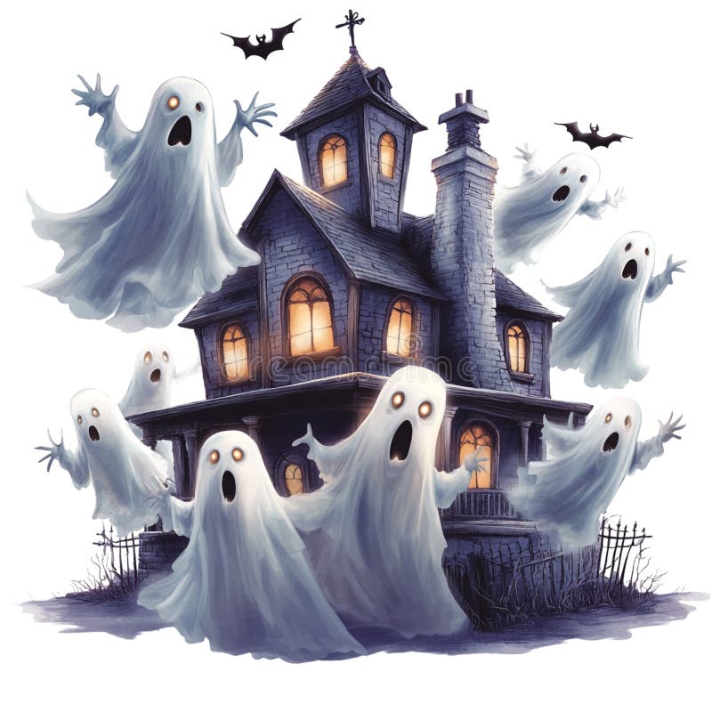 A Spooky Haunted House with Ghosts Flying Around it on Halloween Night ...