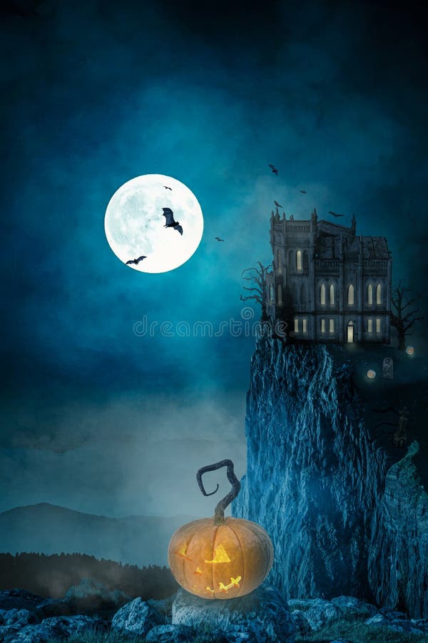 Haunted House on a Night with a Full Moon -3D-Illustration Stock ...