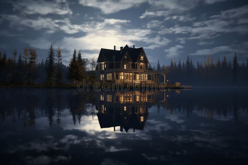 Haunted House Reflection in Lake Reflection of a Stock Illustration ...