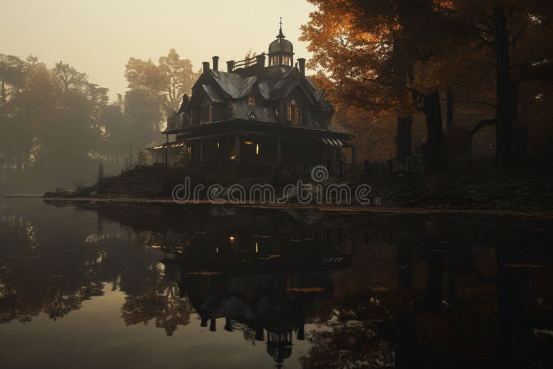 Haunted House Reflection in Lake Reflection of a Stock Illustration ...