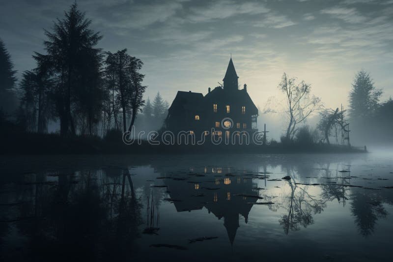 Haunted House Reflection in Lake Reflection of a Stock Illustration ...
