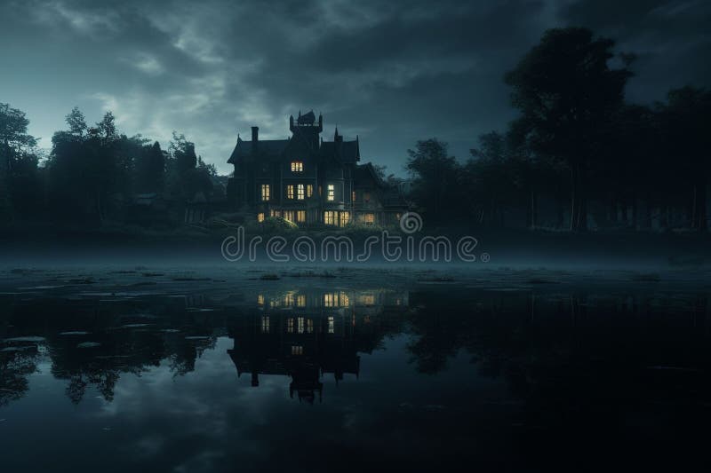 Haunted House Reflection in Lake Reflection of a Stock Illustration ...