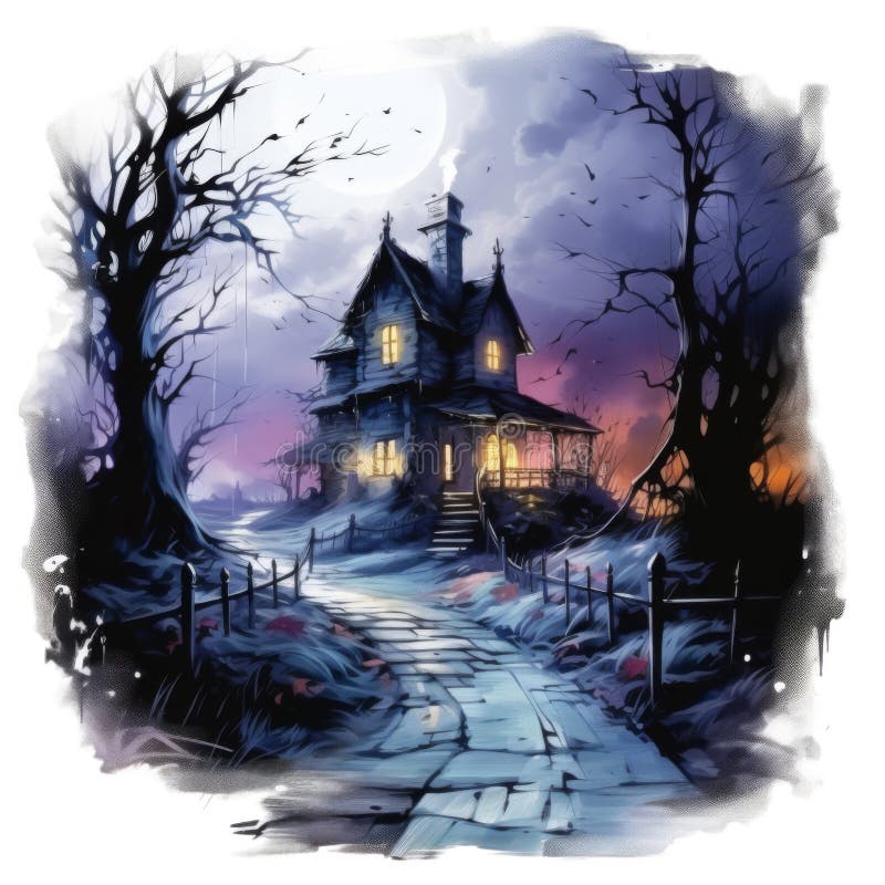 A Haunted House with a Stone Path Under the Moonlight Stock Image ...