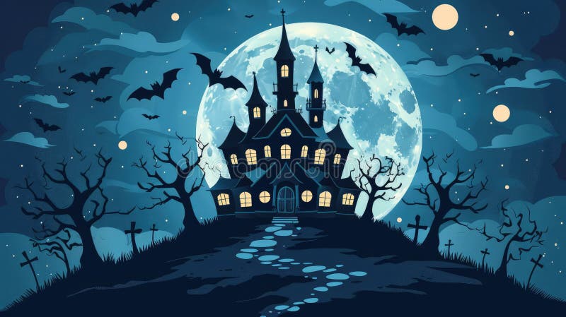 Haunted House Under a Full Moon with Bats and Graveyard Stock ...