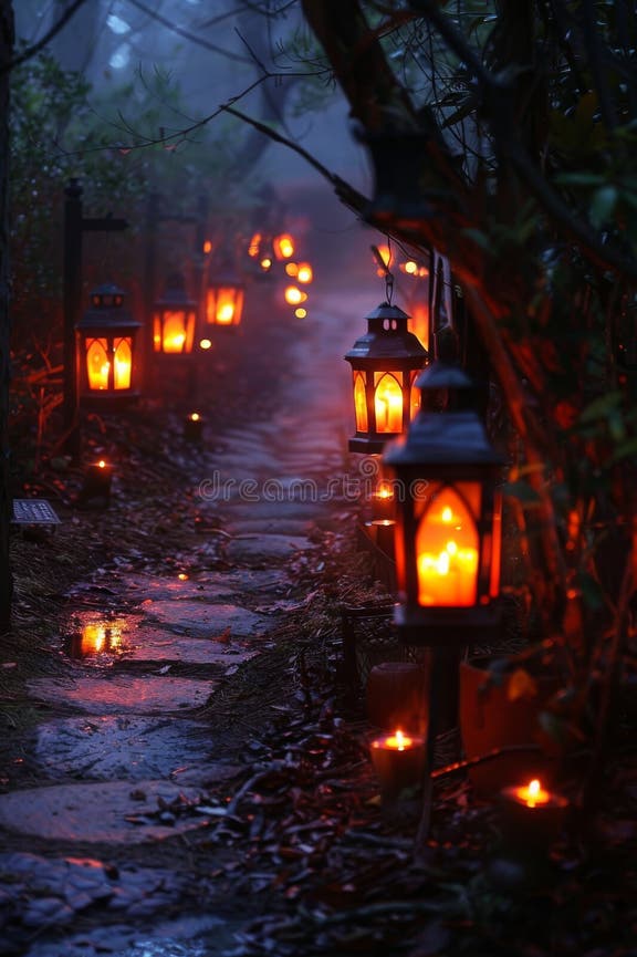 Haunted Lanterns for Halloween Pathways Stock Illustration ...